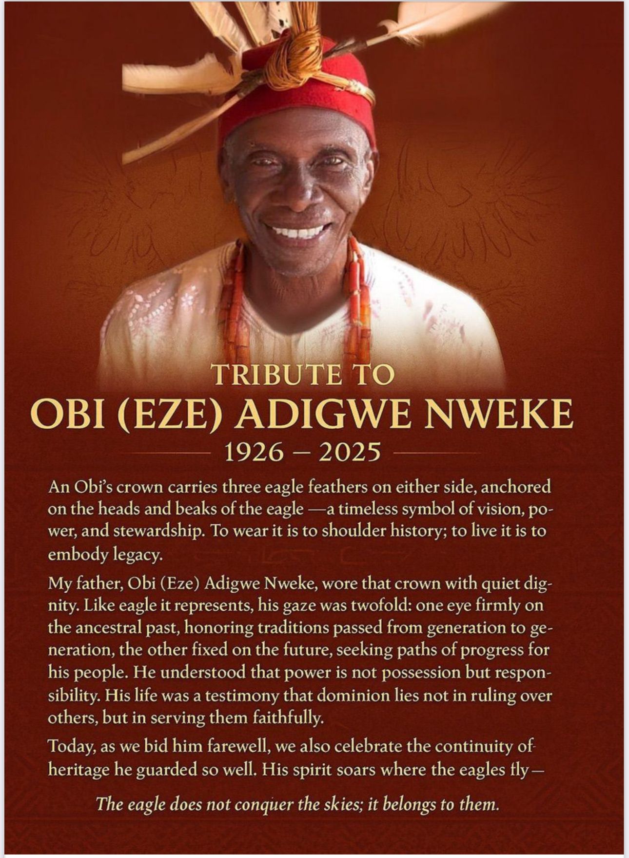 Tribute to Our Father, Obi (Eze) Adigwe Nweke, By Collins and Tonia ...